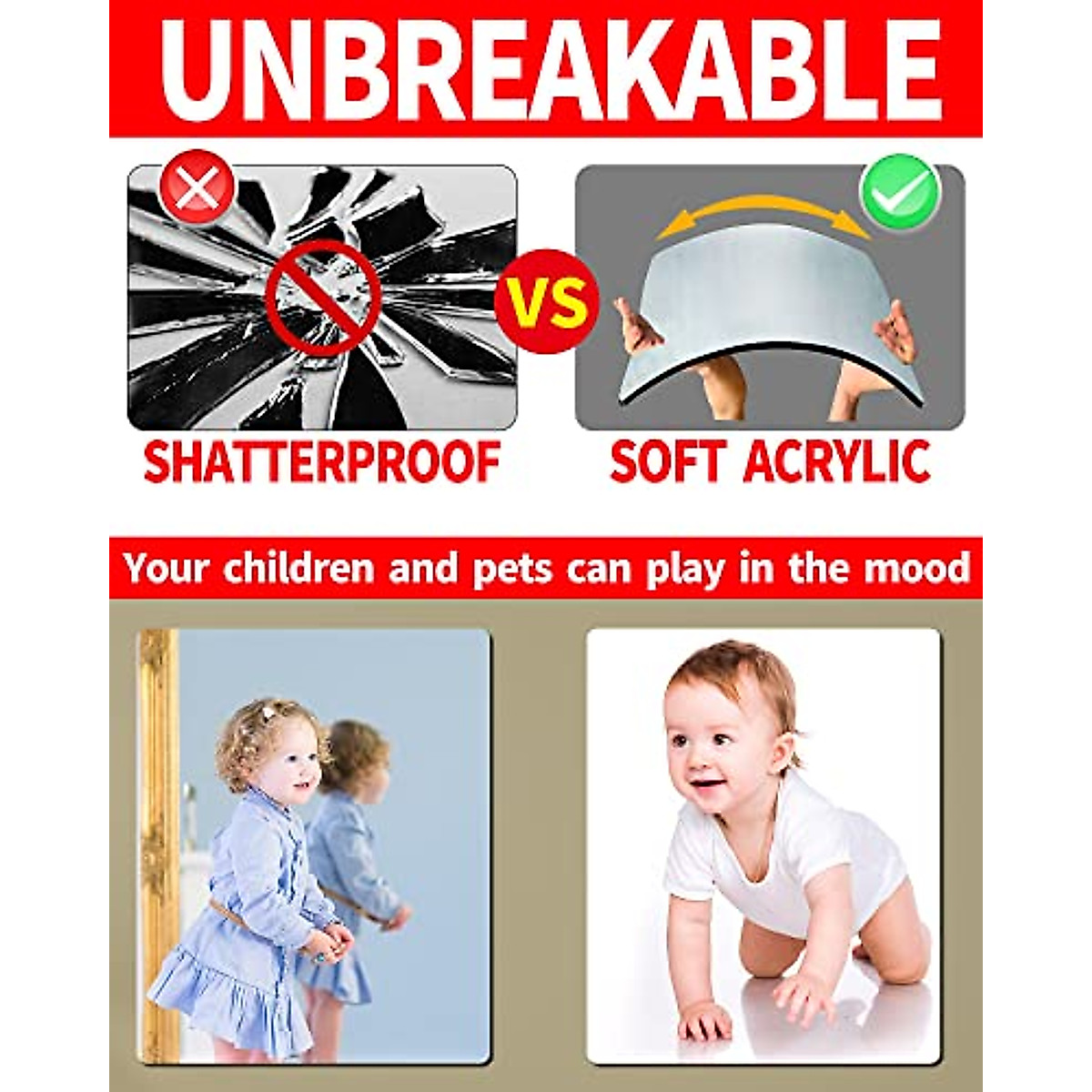 nosplit Unbreakable Gym Mirrors for Home Wall,Kids Safe Shatterproof Full Length Workout Extra Thick1/8 48''x12'',Child Acrylic Plastic Non Glass Long Body Mirror, Bedroom Door Tiles, Silver