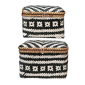 Creative Co-Op Hand-Woven Bamboo Boxes with Lids & Closures, Black & White, Set of 2 Container, 2
