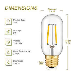 AOMRYOM 2W LED Tubular Bulb 2700K Soft White, 25 Watt Equivalent 250 Lumen, E26 Medium Base, Vintage Edison T45 Tubular Clear Glass Lengthened Filament Dimmable LED Light Bulbs, Pack of 8