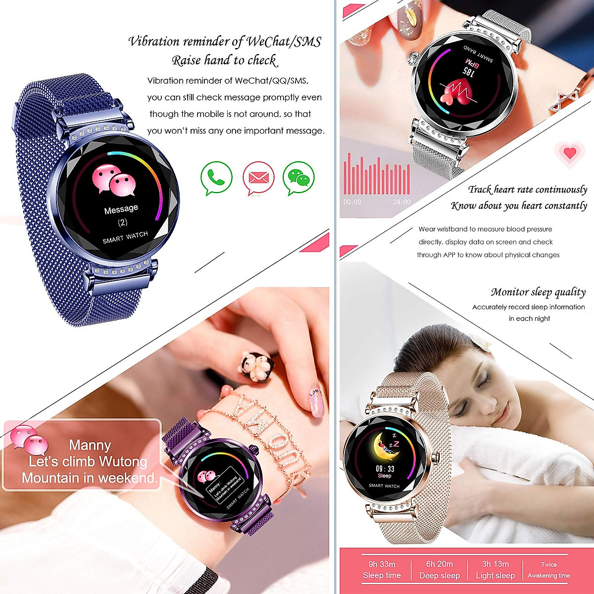 Smart Watches are Suitable for Android and iOS Phones, Sports Smart Watches with Blood Pressure and Heart Rate Monitoring, pedometers with Message Notifications (Bright Purple)
