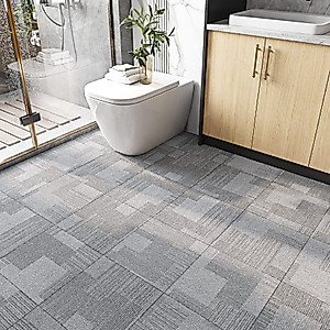 FunStick 15 Pack Vinyl Flooring Peel and Stick Floor Tile Bathroom Waterproof 12x12In Grey Stick on Flooring Tiles for Kitchen Bedroom Grey Laminate Flooring Removable Sticky Linoleum Carpet Tiles