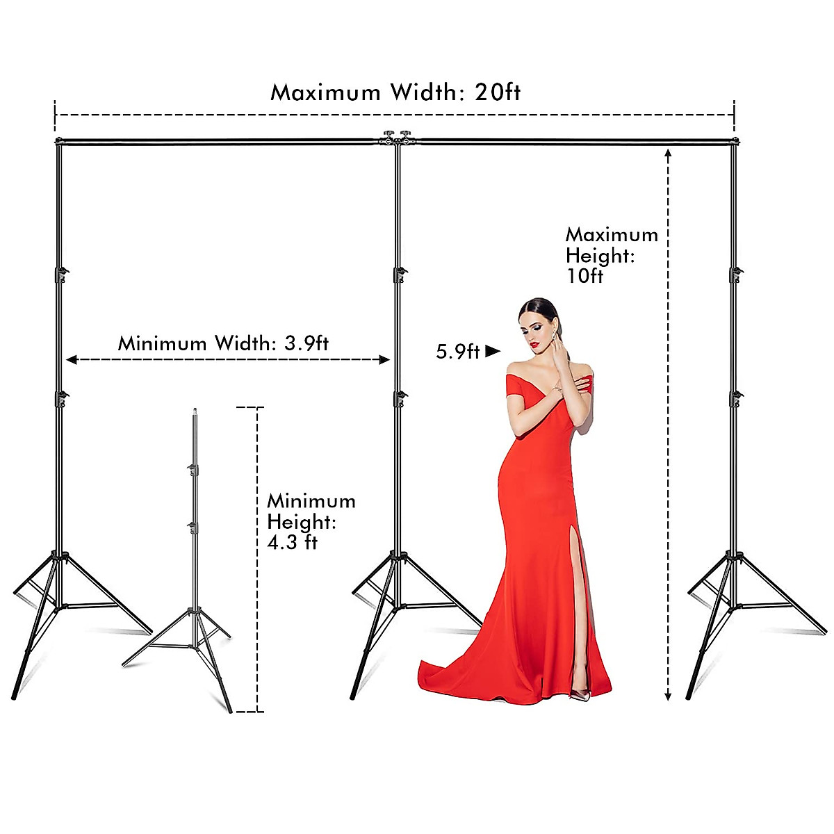 SLOW DOLPHIN Photo Video Studio 20ft (Wide) x 10ft (Tall) Heavy Duty Adjustable Width & Length Photography Backdrop Stand Background Support System Kit with Spring Clamps, Backdrop Clips, Carry Bag