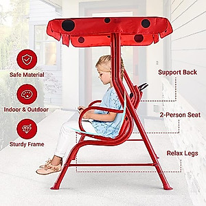 Fireflowery Kids Patio Swing, 2-Seater Outdoor Hanging Swing Bench w/Removable Canopy & Safety Belt, Porch Swing Lounge for Patio Garden Balcony Yard (Red Beetle)
