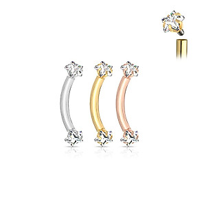 Pierced Owl 16GA Stainless Steel Internally Threaded Prong Set CZ Crystal Star Ends Cartilage Helix Daith Rook Eyebrow Curved Barbell (Silver Tone)