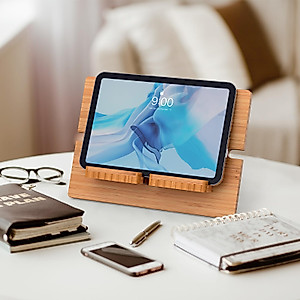 Pezin & Hulin Bamboo Tablet Stand Adjustable, Desktop Cell Phone Stand Holder Dock Compatible with Pad 9.7, 10.5, 12.9, Air 2 3 4 Mini, E-Reader, Phone 8 Plus X XS Max XR (Support to 4.7-13" Devices)