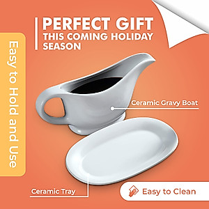 Bruntmor 11 Oz White Ceramic Gravy Boat With Tray, 11 Ounce Small Ceramic Serving Dish, Dispenser with Tray For Sauces, Gravy Boats With Saucer For Thanksgiving And Christmas Dinner