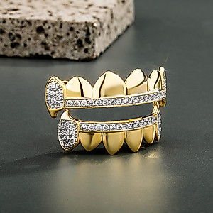 TOPGRILLZ Gold Hip Hop Teeth Grillz Micro Pave Cubic Zircon Top&Bottom Vampire Fangs Teeth Grills Set Holleween Gift Men Women (Yellow Gold)