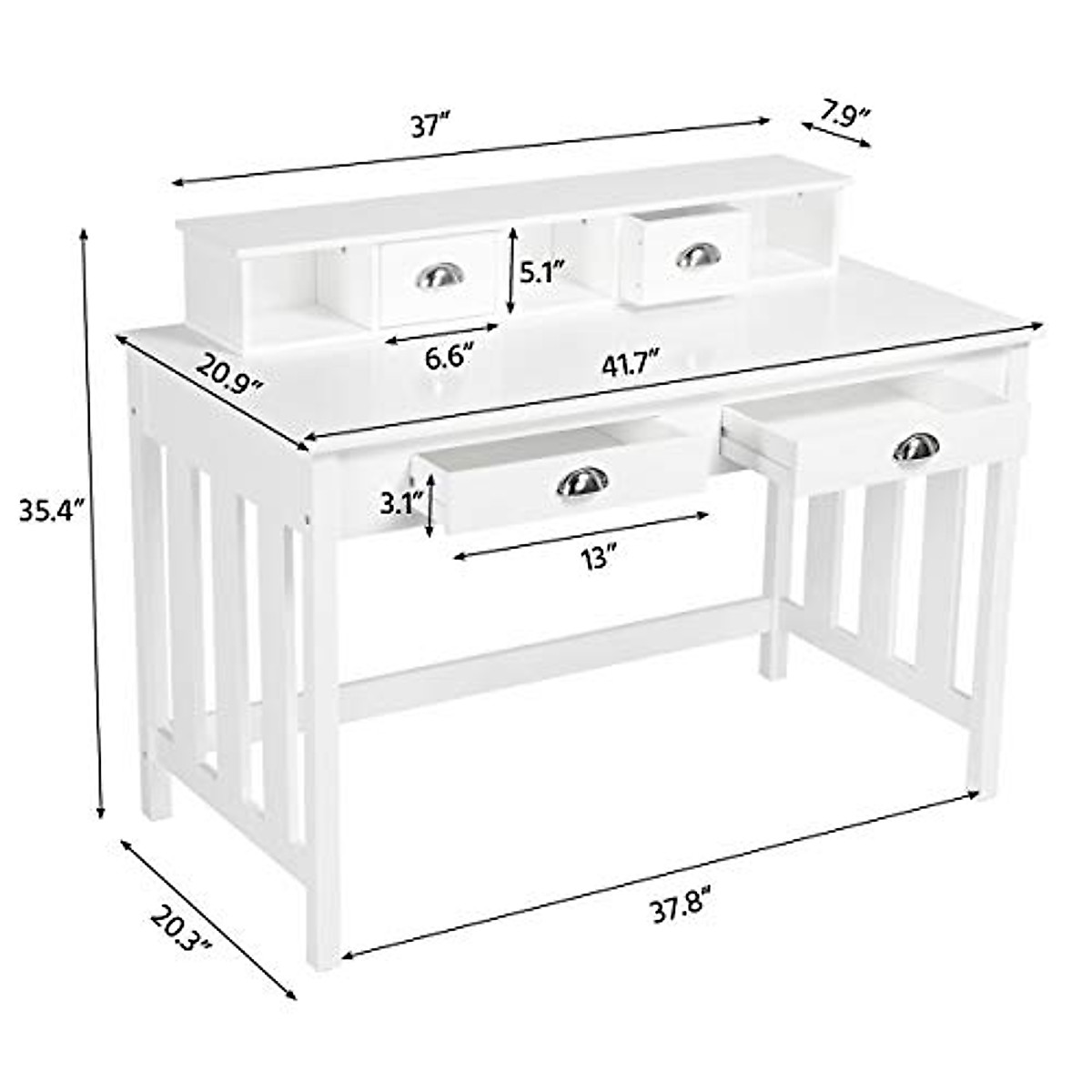 Yaheetech Modern Computer Desk with Removable Tier, 41.7in Girls' Wooden Standing Desk Laptop PC Table Writing Desk with 4 Drawers & Solid Wood Legs for Home Office, Study Workstation, White