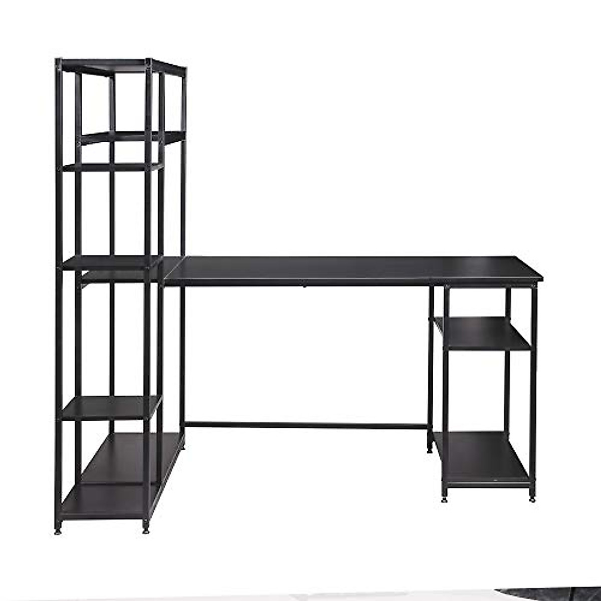 Modern Luxe L-Shaped Corner with Bookshelf 2-Pieces Computer PC Table Set Home Office Desk with Shelves, Black