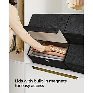 SONGMICS Set of 4 Stackable Storage Bins with Magnetic Closures, Fabric Storage Boxes with Lids, Storage Containers in Wardrobe Closet, Clothes Organizers, Classic Black URLB022B01