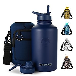 Thermosis 64 Oz insulated water bottle Stainless Steel Water Bottle with Straw & Holder Strap - Includes 2 Lids water bottles - Leak Proof coldest water bottle for Men & Women - Navy Blue