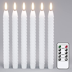 Lasumora Flameless Taper Candles Flickering with Remote Timer, LED Taper Candles Battery Operated Warm 3D Wick Spiral Window Candles 6 Pack Real Wax Wedding Home Birthday Christmas Decor 9.8" White