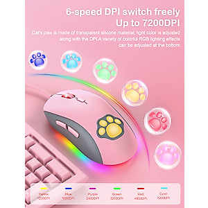 PHNIXGAM Cat Paw RGB Gaming Mouse, Silent Optical Computer Mice USB Wired with 6 Adjustable DPI Up to 7200, RGB Lighting, 6 Programmable Buttons for Windows/Vista/Linux (Pink)