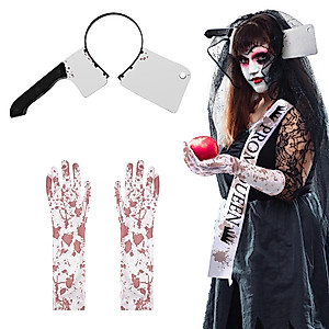 Jiuguva 4 Pcs Halloween Blood Prom Queen Costume Zombie Cosplay Accessory Set Including Knife Headband White Bloody Gloves Prom Queen Satin Sash for Women Girls Halloween Dress up Party Prop Supplies