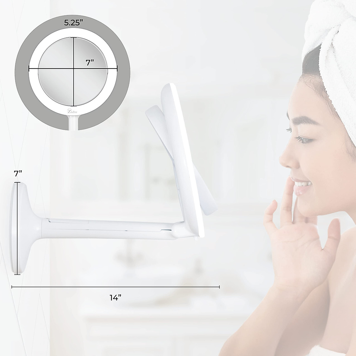 Zadro 7" Lighted Makeup Mirror with Magnification 8X/1X Suction Cup Wall Mounted Makeup Mirror 3-Color LED Travel Mirror