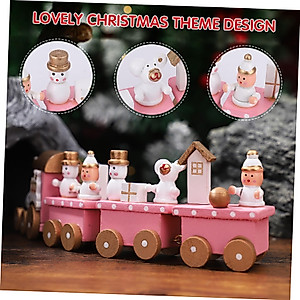 NUOBESTY Christmas Wooden Train Ornament with Snowman and Bear Mini Train Rail Toy Set for Kids Christmas Party Kindergarten Decoration, Pink