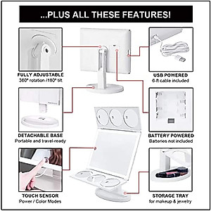 MIRRORVANA® X-Large Vanity Makeup Mirror with 44 LED Lights, 3 Color Lighting Modes, 10X 5X 3X Magnifying Panels, Dual Power Supply, 360° Rotation and Touch Screen Dimmer Switch on HD Glass (White)