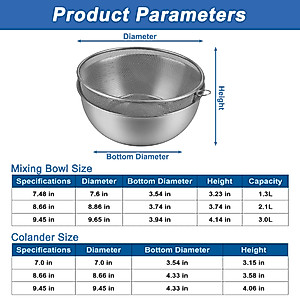 6 pcs Stainless Steel Colander Set with 1.2Qt 2Qt and 3Qt Capacity,Stainless Steel Strainer with Metal Mixing Bowls,Colander Stainless Steel for Kitchen Drain Pasta Rice Fruit Vegetable Washing,Silver