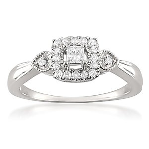 Beyond Brilliance 1/4 Carat Diamond, Prong-Set 10kt White Gold Princess Cut & Round Diamond Halo Promise Ring (I-J, I1-I2) Natural Diamond Promise Ring For Women | Gift Box Included