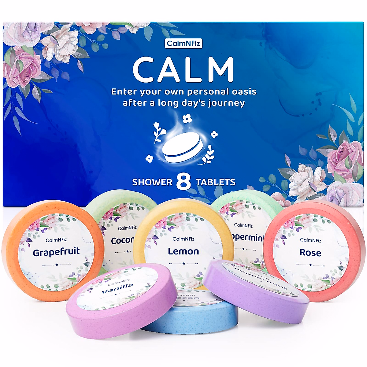 CalmNFiz 8 Pack Shower Steamers- Shower Steamer with Natural Fragrance: Coco Ocean Lemon Rose, etc, Luxury Relaxation Shower Bombs Presents for Women, Men, Mom & Girl