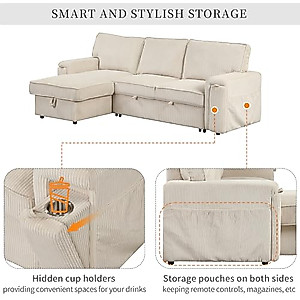Corduroy Upholstered Convertible Sleeper Sectional Couch Pull Out Sofa Bed ,4 Seater L Shaped Corner Sofa&Couch Sofabed with Reversible Storage Chaise Lounge and Cupholders for Living Room Office