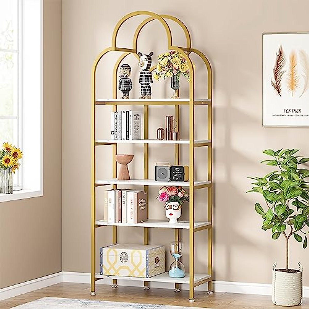 Tribesigns 5-Tier Gold Bookshelf Bookcase, Modern Bookcase with Open Storage Shelves, Tall Display Shelf Plant Flower Stand Rack for Bedroom Living Room Home Office, White & Gold