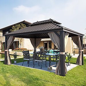 YOLENY 10' X 13' Hardtop Gazebo Galvanized Steel Outdoor Patio Gazebo Canopy Double Roof Pergolas Aluminum Frame with Netting and Curtains for Garden, Patio, Lawns, Parties