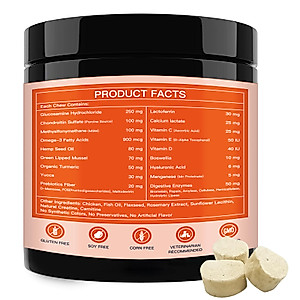 Glucosamine for Dogs, Joint Supplement for Dogs, Chondroitin, Omega-3, MSM, Hemp, Turmeric for Pain Relief, Dog Joint Supplement with Calcium for Bone Health, 120 Chicken Flavored Crunchy Chews