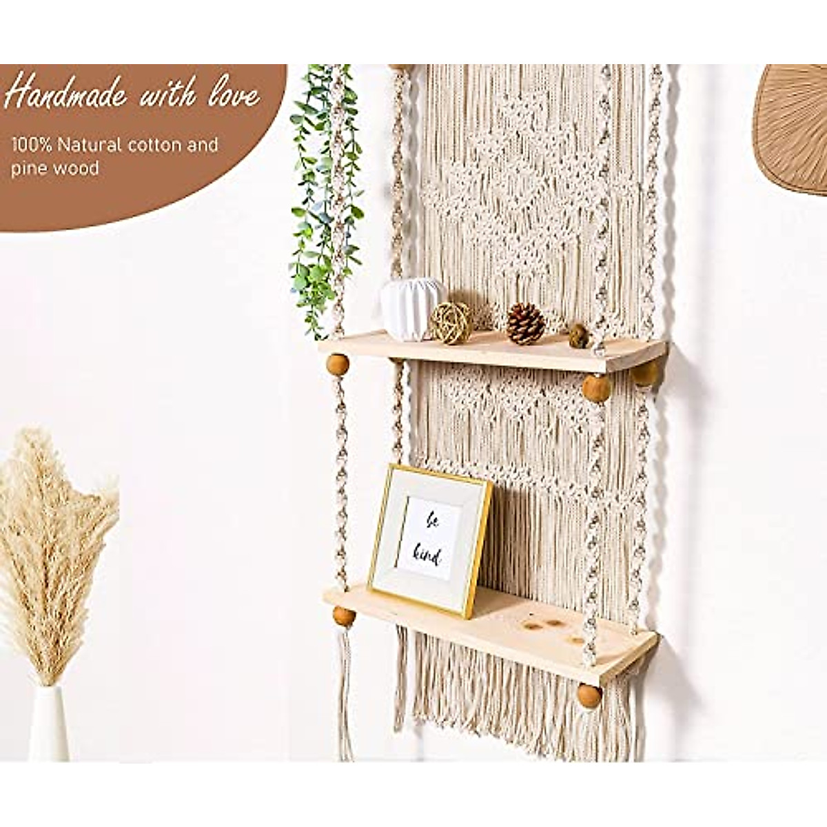 Induslyfe Tier 3 Tier 2 Macrame Wall Hanging Shelf Rack for Hanging Wall Decor Boho Shelf Wall Decor Plant Shelf, Boho White Hanging Shelf Woven Rope for Bedroom, Book