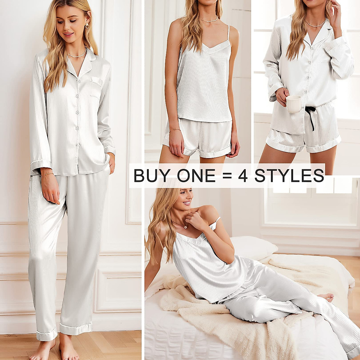 Ekouaer Women's Striped Satin Pajama Set Silk Long Sleeve Button Down Pjs Sleepwear White Striped L