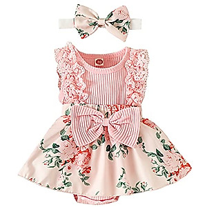 Mubineo Baby Girl Summer Clothes Outfits Sleeveless Lace Floral Romper Dress Newborn Outfit (Pink, 3-6 Months)