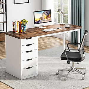 Tribesigns Computer Desk with 5 Drawers, 47 inches Rustic Brown Home Office Desk with Storage, Modern Simple Laptop Desk Study Writing Table for Small Spaces (Reversible Drawer Cabinet)