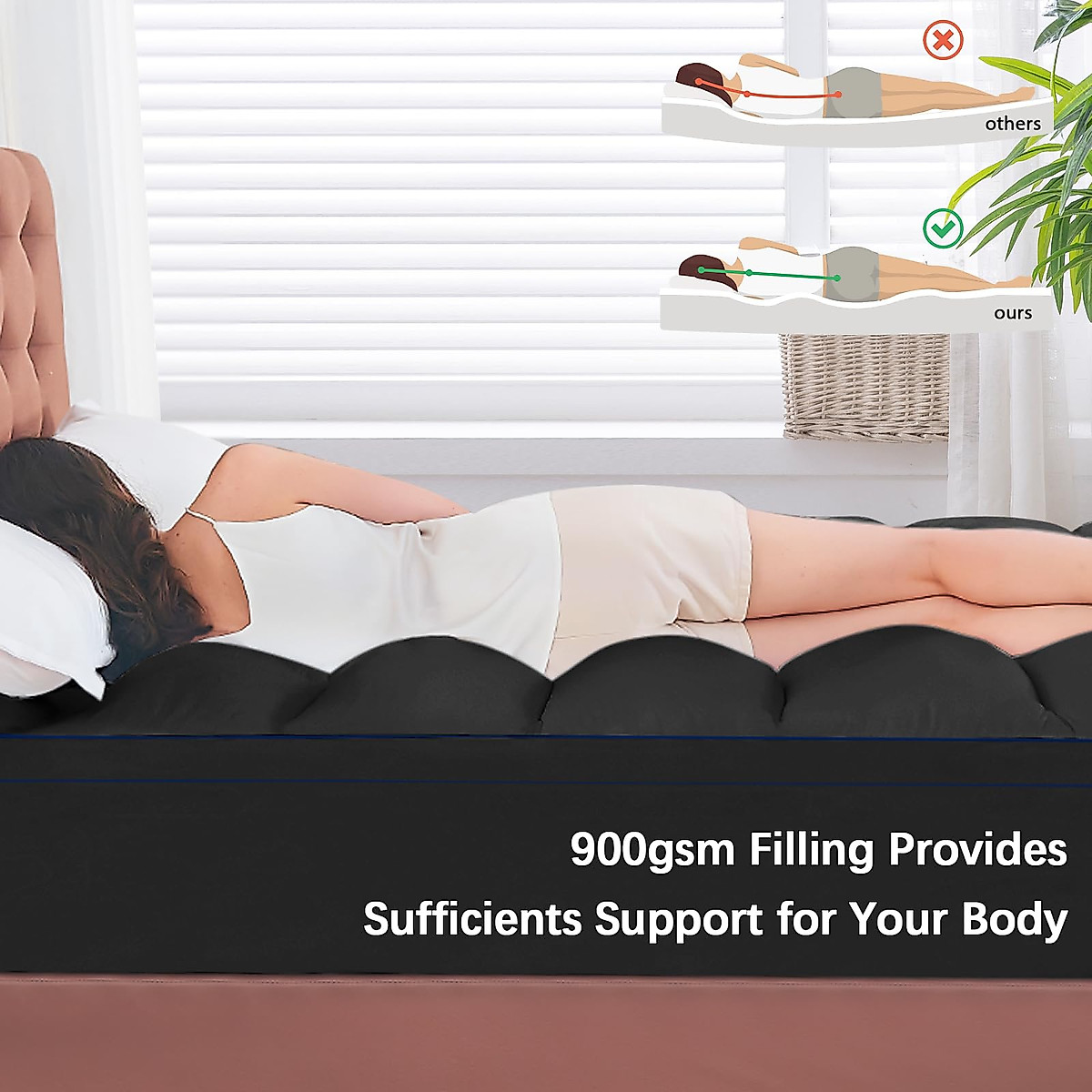 CYMULA Mattress Topper Full, Black Cooling Mattress Pad Cover, Pillow Top Mattress Topper with Elasticated Deep Pockets, Plush Down Alternative Fill Mattress Protector