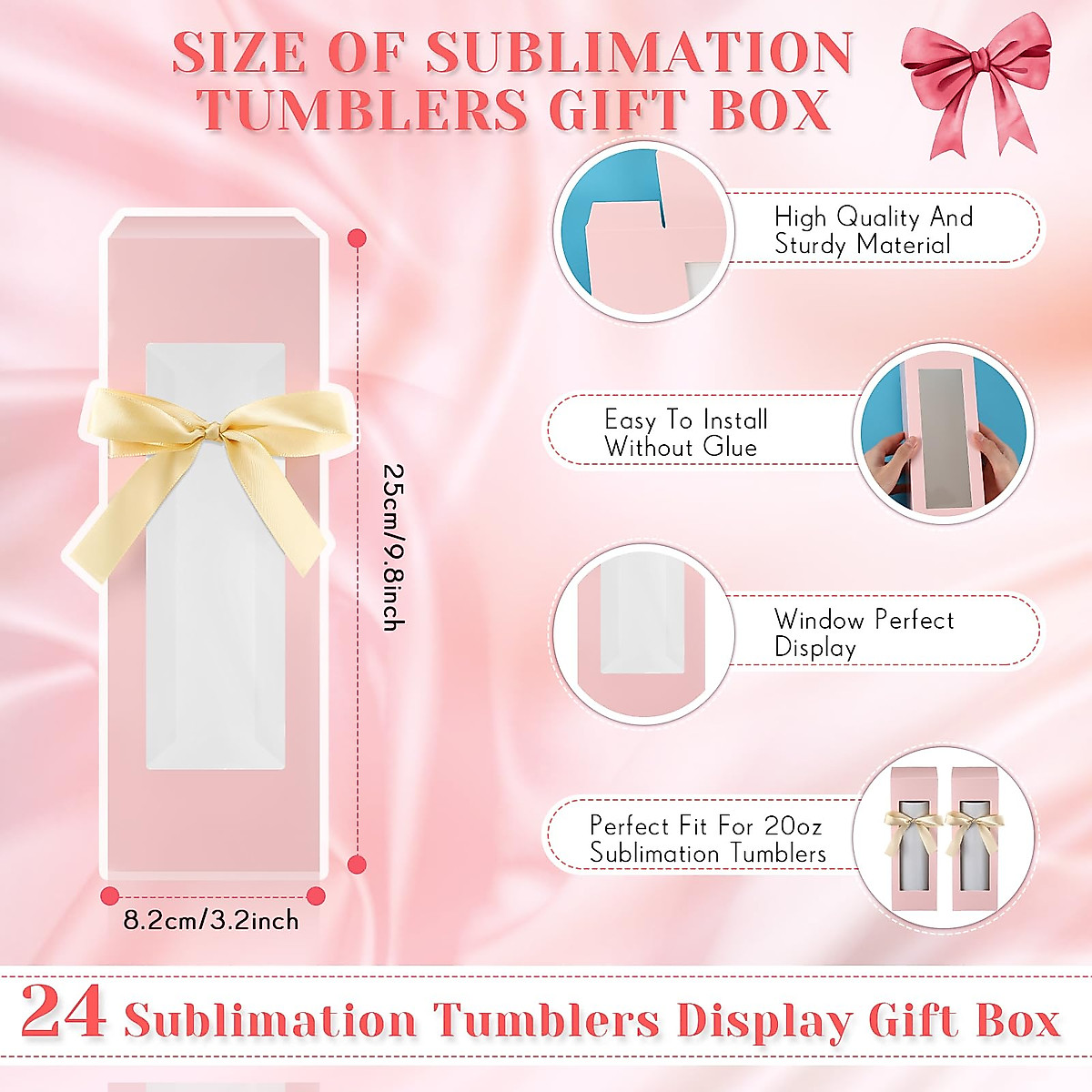 PerKoop 24 Pcs Tumbler Gift Boxes with Ribbon Sublimation Tumbler Transparent Exhibition Gift Boxes 12 oz, 20 oz, 30 oz Heat Press Sublimation Blanks Skinny Tumbler Gift Wrapping (Pink, Yellow)