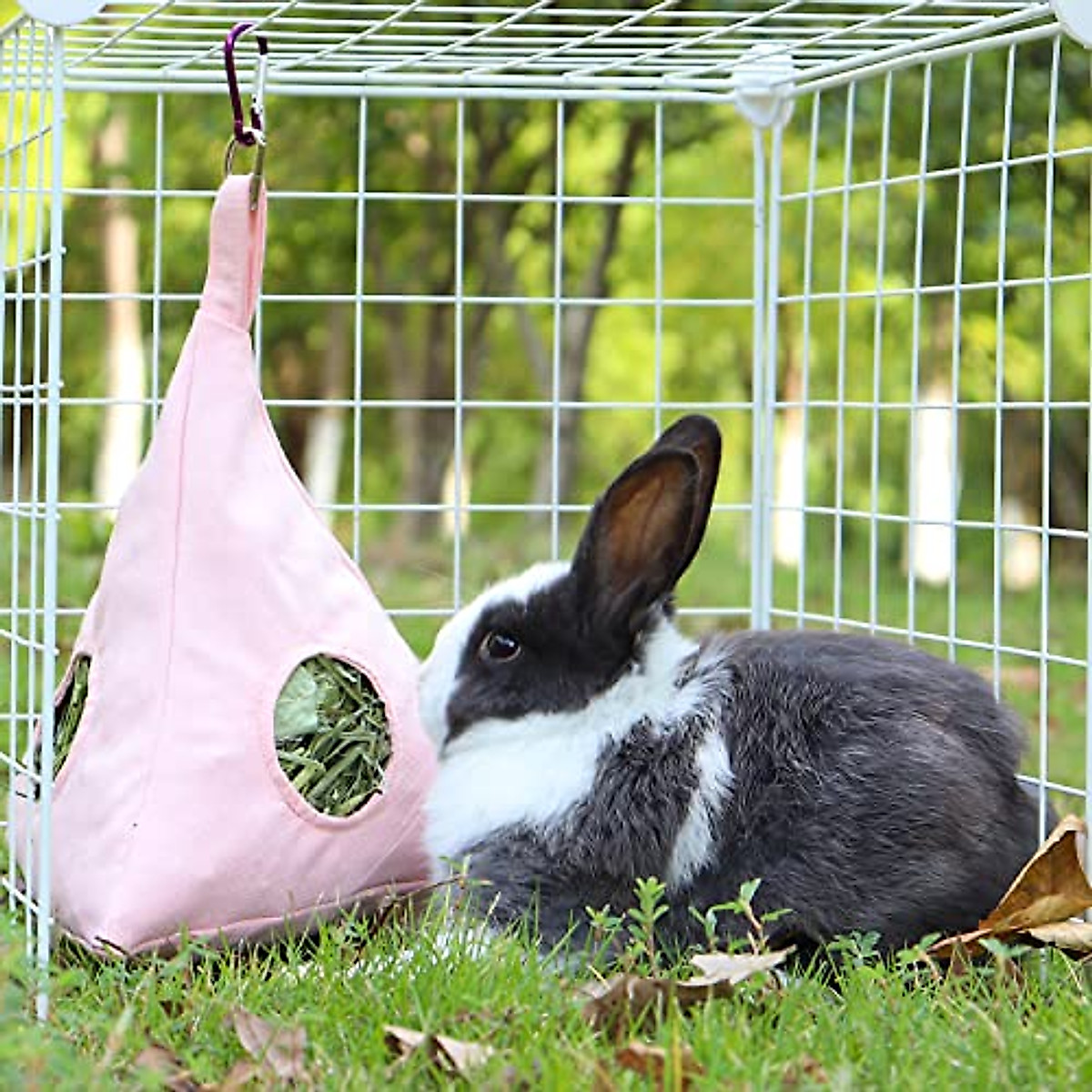 Rabbit Hay Feeder Bag，Bunny Hay Feeder Bag, Guinea Pigs Feeder Bag, Hanging Soft Burlap Feeder Bag with 3 Holes for Rabbit, Bunny, Guinea Pigs ,Hamster and Other Similar Size Animals (Pink)