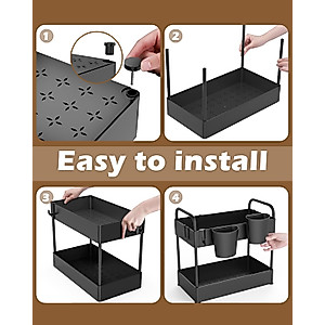 FURTIME Under Sink Organizer, 2 Tier Kitchen Under Sink Storage Bathroom Countertop Organizer with 6 Hooks 2 Hanging Cups and Anti-Foot for Bathroom Kitchen Spice Makeup Cosmetics Vanity Narrow Space