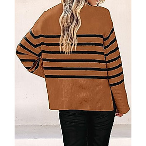 KIRUNDO Women's 2023 Fall Winter Casual Oversized Long Sleeve Striped Sweater Crew Neck Ribbed Knit Side Slit Pullover(Brown, Large)