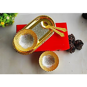 Indian Art Villa Silver Plated Gold Polished Bowl Set with Spoon Tray, Diwali Gift Item
