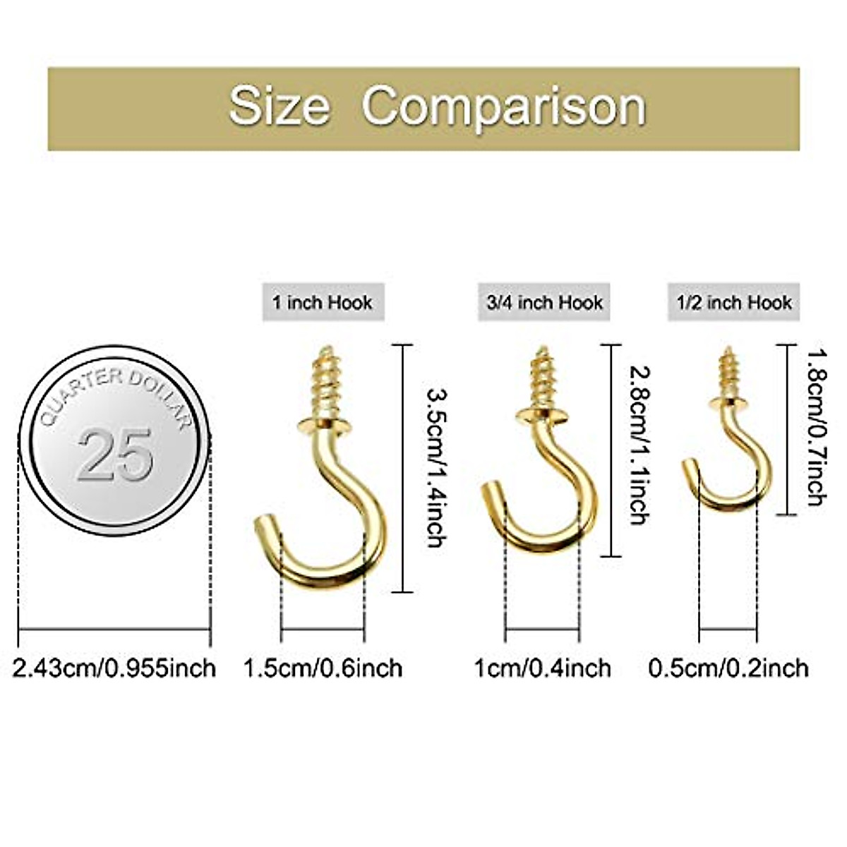 LANSEYQO Mini Ceiling Screw Hooks, 50 Pcs (1/2 inch) Hanging Cup Hooks Brass Plated Screw-in Hooks for Hanging Plants Mug Arts Decorations, Gold