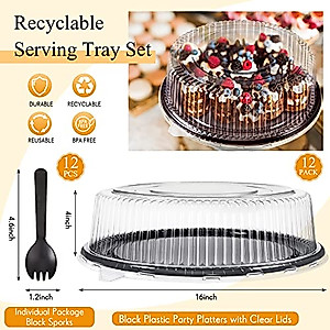 Tessco 12 Pack 16 Inch Heavy Duty Serving Tray with Clear Lid and Sporks, Large Plastic Tray with Elegant Platter Round Black Disposable for Fruit Sandwich Party Takeout Food Catering Picnic