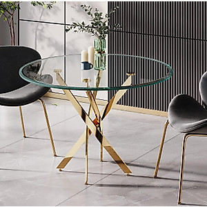 Goderfuu 36 inch Round Dining Table, Modern Dining Room Table with Gold Stainless Steel Base, Circle Tempered Glass Dining Table for 4, Small Dining Table Contemporary Kitchen Table Dinner Table