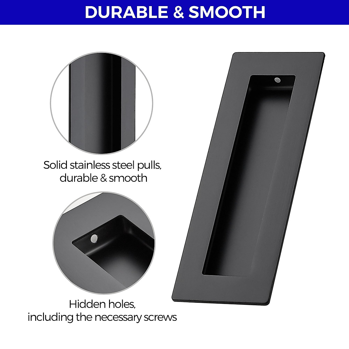 JOY DECOR 2 Pack Pocket Door Handles Sliding Closet Door Pulls, 5.9" Flush Barn Door Pulls Black Closet Finger Pulls, Rectangular Recessed Closet Door Handles