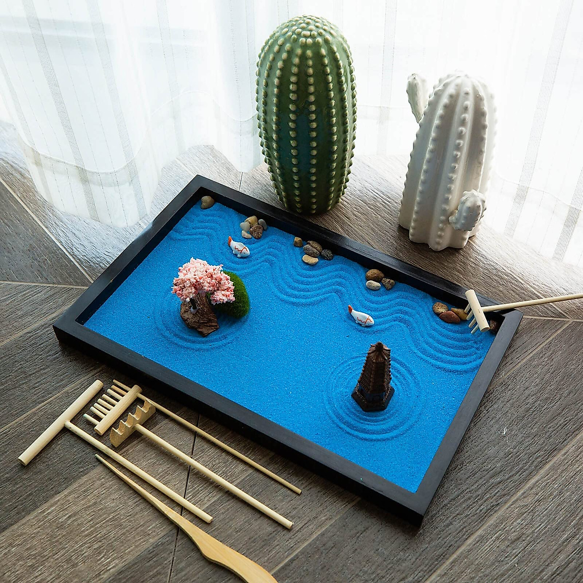 Zen Garden - Zen Garden Decor for Desk, 12.6x7.9'' Zen Garden for Home, Office Desktop Accessories, Mini Zen Garden Kit for Relaxation and Meditation (Blue)
