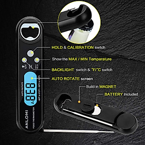 Instant Read Waterproof Meat Thermometer – Digital Kitchen Food Thermometer for Cooking, Foldable Probe Thermometer for Grilling BBQ Smoker Baking Candy. (Black)