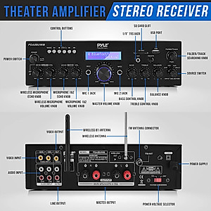 Pyle Wireless Microphone Power Amplifier System - 200W Dual Channel Sound Audio Stereo Karaoke Speaker Receiver w/USB, AUX, Microphone in w/Echo, Radio,Home Theater via RCA, Studio Use PDA8BUWM.5