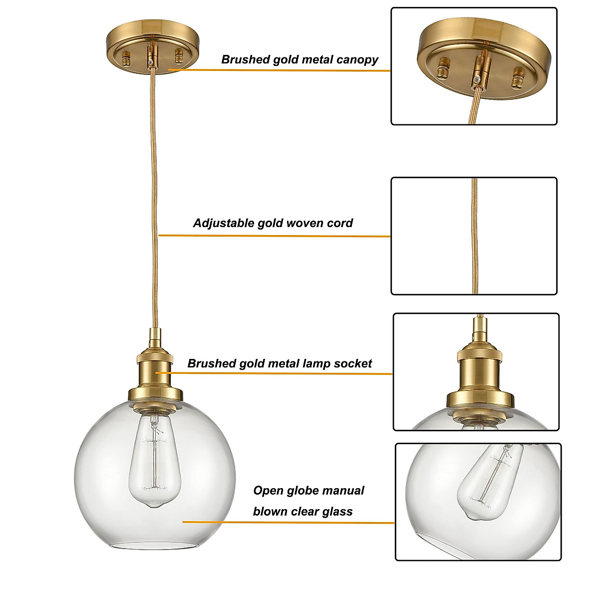SHAWNKEY Modern Bushed Gold Pendant Light Fixture with Globe Clear Glass Shade Pendant Lighting for Kitchen Island Hanging Lighting