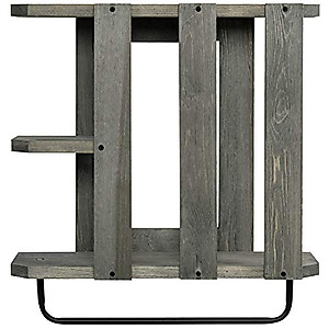 MyGift Wall Mounted Vintage Gray Wood Bathroom Folded Towel Storage Organizer and Towel Rack with Display Shelves and Industrial Metal Pipe Hanging Bar