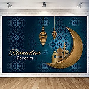 Ramadan Mubarak Backdrop Ramadan Kareem Banner Eid Mubarak Photography Background for Home Decorations Ramadan Party Supplies 70.8 x 47.2 Inch (Dark Blue)
