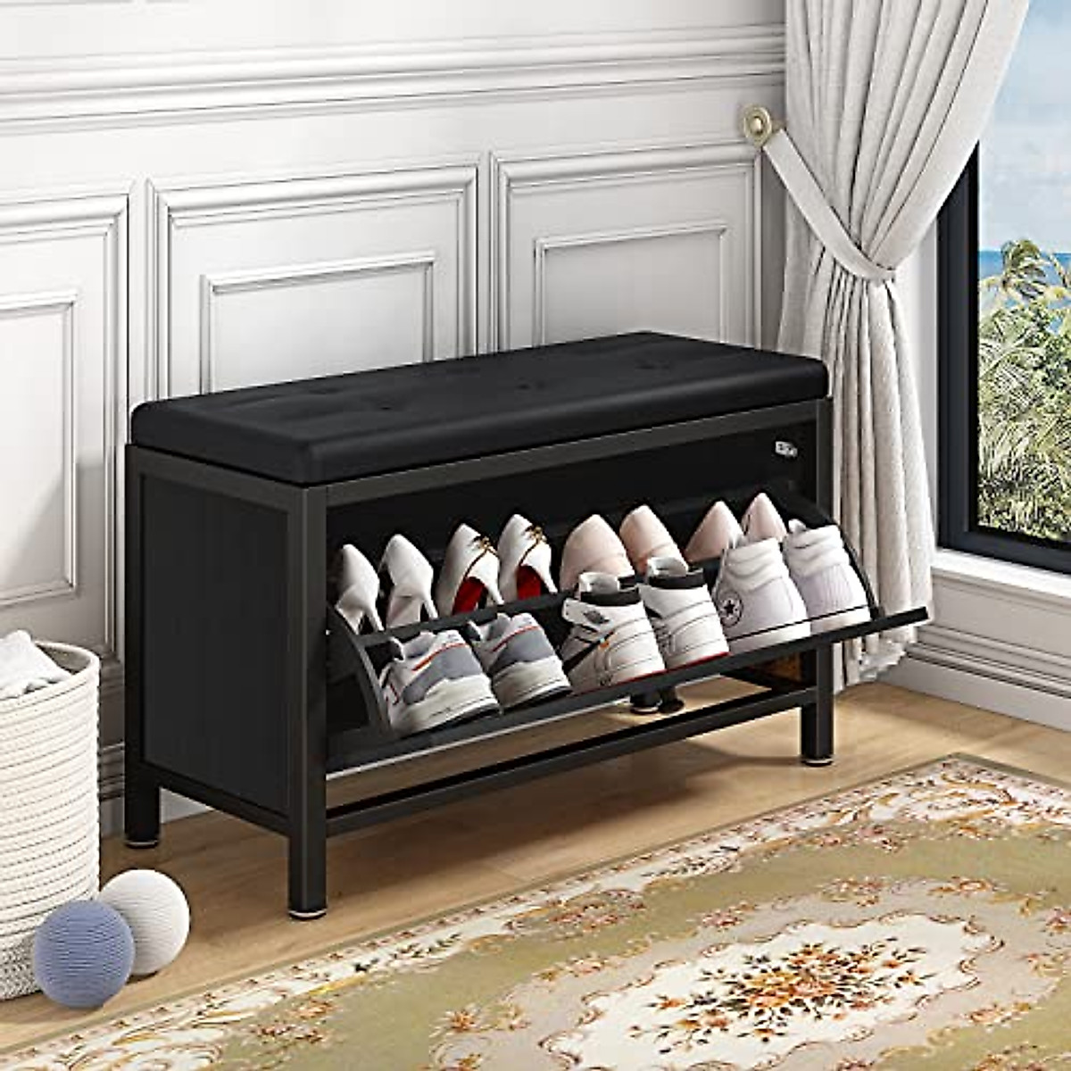 8-10 Pairs Shoe Rack Bench with Door, Entryway Shoe Storage Cabinet with Hidden Shoe Shelf, Shoe Storage Bench for Entryway Closet