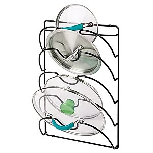mDesign Metal Wire Pot and Pan Lid Rack Organizer for Kitchen Cabinet Doors or Wall Mount - Upright Storage Holder with 5 Slots - Black